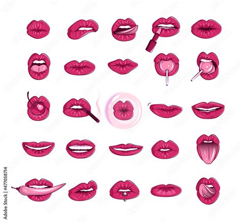 Set Of Women Lips In A Modern Style Isolated On White Background