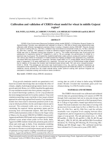 Pdf Calibration And Validation Of Ceres Wheat Model For Wheat In Middle Gujarat Region