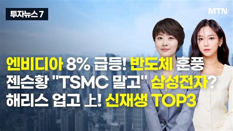 투자뉴스7 엔비디아 8 급등 반도체 훈풍 젠슨황 Tsmc 말고 삼성전자 해리스 업고 上 신재생 Top3 머니투데이방송 증시 증권 Youtube