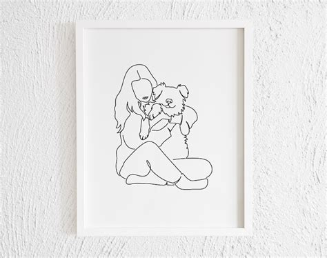Girl With Australian Shepherd Line Art Drawing Print Printable Modern