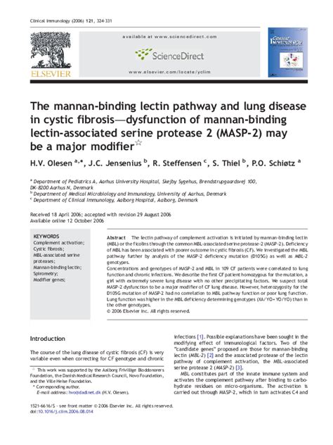 Pdf The Mannan Binding Lectin Pathway And Lung Disease In Cystic Fibrosis—dysfunction Of