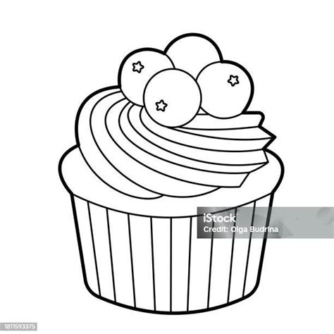 블루베리와 버터크림이 어우러진 달콤하고 맛있는 컵케이크 디자인 요소 색칠하기 책에 대한 흑백 윤곽선 그림 검은색에 대한 스톡 벡터 아트 및 기타 이미지 Istock
