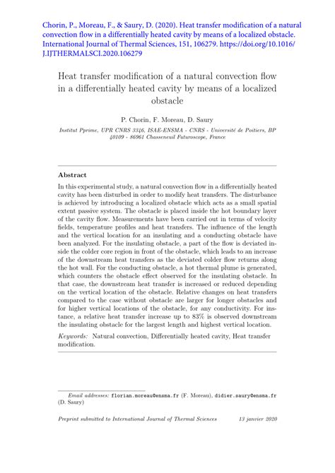 Pdf Heat Transfer Modification Of A Natural Convection Flow In A Differentially Heated Cavity