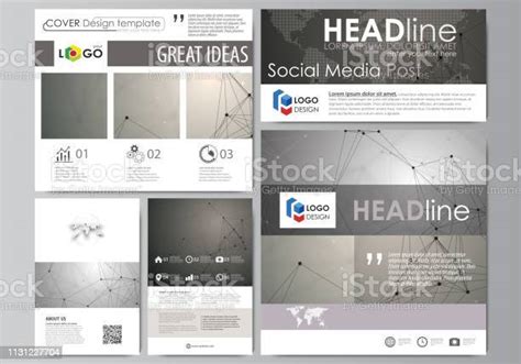 소셜 미디어 게시물 세트입니다 비즈니스 템플릿 추상 평면 디자인 서식 파일 인기 있는 형식의 벡터 레이아웃 화학 패턴 회색 배경에 분자 구조 과학 및 기술 개념입니다 간판에