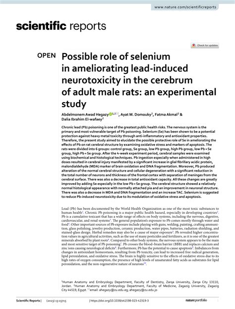 Pdf Possible Role Of Selenium In Ameliorating Lead Induced