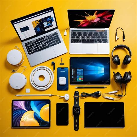 Hightech Devices On Yellow Surface Vibrant Product Photography Premium Ai Generated Image