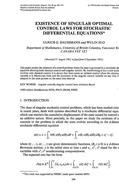 Pdf Existence Of Singular Optimal Control Laws For Stochastic Differential Equations