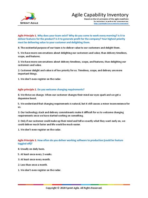 Questionnaire For Discovery On Agile Principles Agile Capability Inventory Pdf Agile