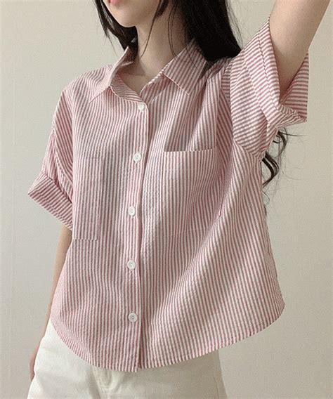 투게더위드미 구김이 덜한👍 시원한 얇은 두께감 지지미 시어서커 카라 면 오버핏 스트라이프 여름 가을 반팔 와이셔츠 남방 핑크 소라 셔츠맛집 여름신상 바캉스 줄지 셔츠 위시버킷