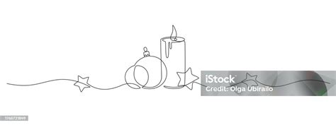 크리스마스 카드 테두리의 연속 선화 1 개 축제 촛불 공 및 별에 대 한 겨울 크리스마스 휴일 개념 간단한 선형 스타일 인사말 카드 편집 가능한 획입니다 낙서 벡터 일러스트