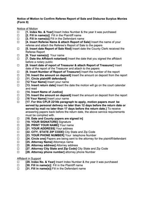 Form 9 Notice Of Motion To Confirm Referee Report Of Sale And Disburse Surplus Monies