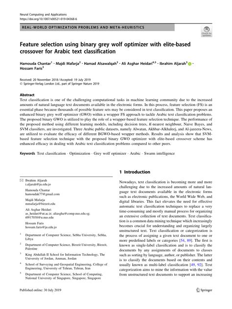 Pdf Feature Selection Using Binary Grey Wolf Optimizer With Elite