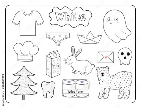 Set Of White Color Objects Primary Colors Flashcard With White Elements Learning Colors For