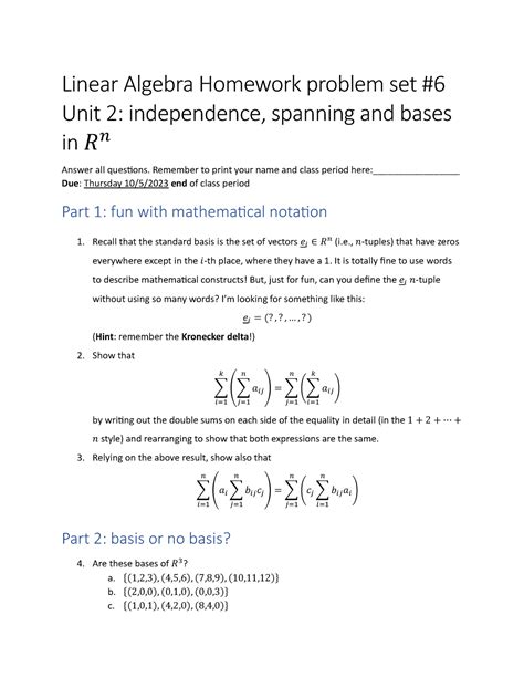 hw6 homework linear algebra homework problem set 6 unit 2