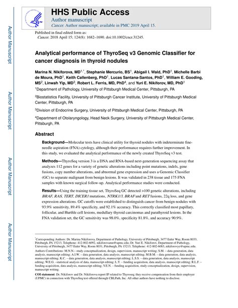 Pdf Analytical Performance Of The Thyroseq V3 Genomic Classifier For Cancer Diagnosis In