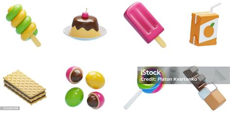 3d 달콤한 음식 세트 웨이퍼 아이스크림 소용돌이 땅콩 사탕 팝시클 오렌지 주스 초콜릿 바 롤리팝 디저트 Ux Ui 웹 디자인 요소 3d 렌더링 그림 0명에 대한 스톡 사진