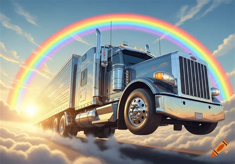 A Shiny Silver Semi Truck Drives On A Road Of Clouds Under A Vibrant