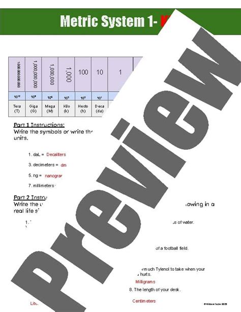 Metric System Worksheet 1 Key By Mr T Science 3000 Tpt