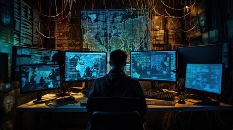 Premium Photo Hacker Sitting At Dimly Lit Futuristic Workstation