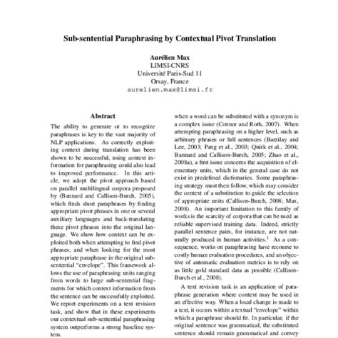 Sub Sentencial Paraphrasing By Contextual Pivot Translation Acl Anthology