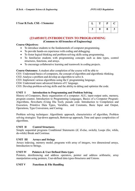 5 Jntua Btech Cse R23 I Ii Year Course Structure And Syllabuspdf