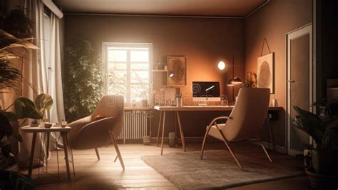 A Cozy Warm Home Office Space With Colorful Accents And Comfortable