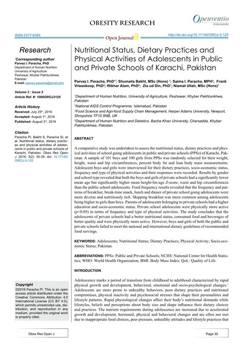 Pdf Nutritional Status Dietary Practices And Physical Activities Of Adolescents In Public And