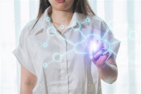 Cloud Technology Concept Business Woman Hand Touch Clound Computing