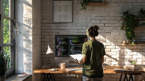 The Woman Coding At Desk Premium Ai Generated Image