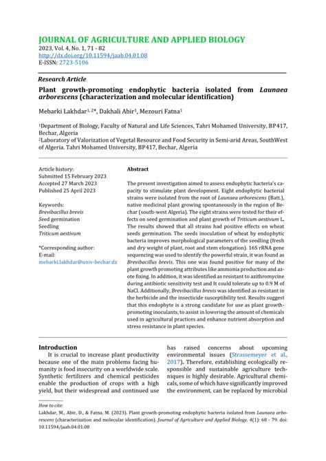 Pdf Plant Growth Promoting Endophytic Bacteria Isolated From Launaea