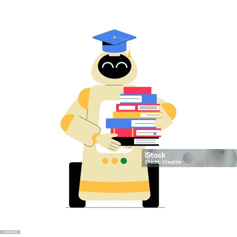교육 학습 지원 및 지식 공유에서 Ai를 상징하는 평면 벡터 일러스트 레이 션에서 책 스택을 들고 교육 로봇 흰색 배경에 고립되어 있습니다 0명에 대한 스톡 벡터 아트 및