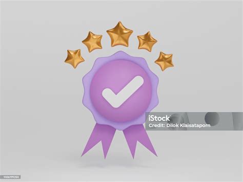 3d 렌더링 일러스트레이션에 의한 Iso 제품 서비스 및 수상자 챔피언 상 개념의 최고의 품질 보증을위한 황금 다섯 별이있는 보라색 인증서 몸체 돈벌이에 대한 스톡 사진 및