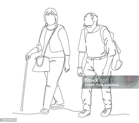노부부가 여행하고 있습니다 배낭을 멘 남자와 지팡이를 짚은 여자 연속적인 선화 라인 아트 스타일의 흑인과 백인 벡터 일러스트 레이 션 2명에 대한 스톡 벡터 아트 및 기타
