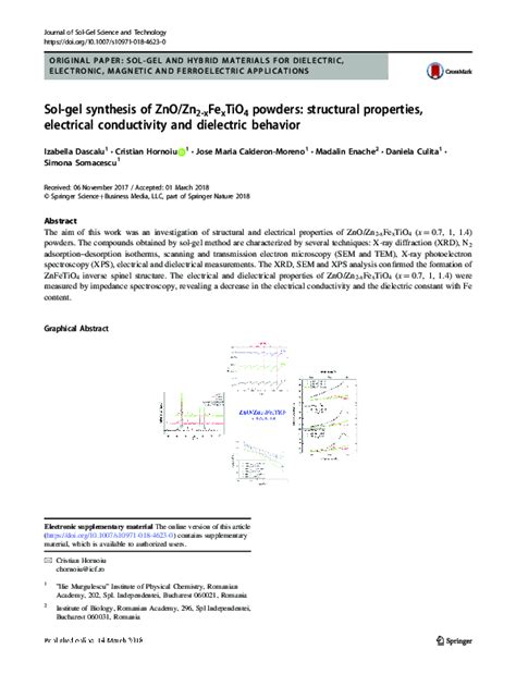 Pdf Sol Gel Synthesis Of Zno Zn2 Xfextio4 Powders Structural Properties Electrical