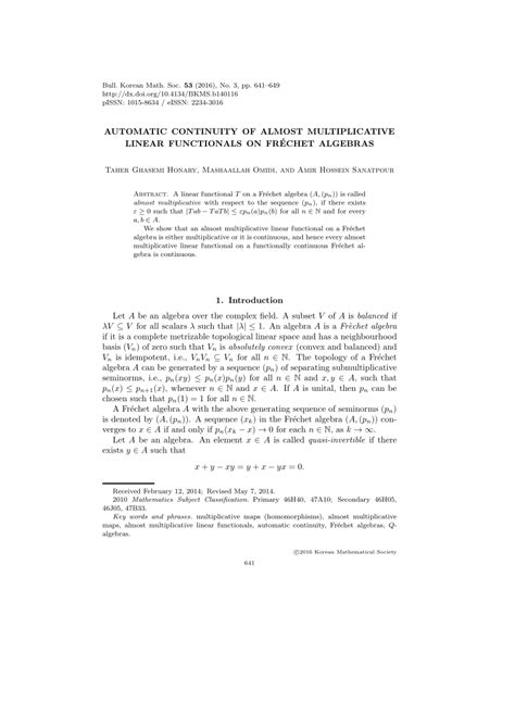Pdf Automatic Continuity Of Almost Multiplicative Linear Functionals