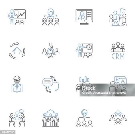 기업 워크샵 라인 아이콘 컬렉션입니다 교육 팀워크 리더십 협업 커뮤니케이션 혁신 생산성 벡터 및 선형 그림 전략 창의성 개발