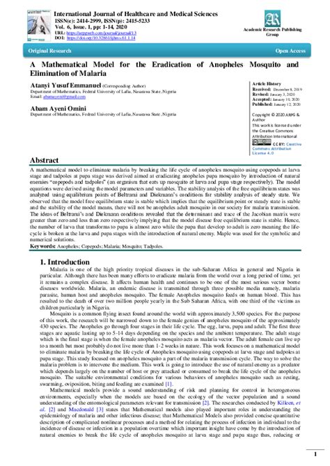 Pdf A Mathematical Model For The Eradication Of Anopheles Mosquito