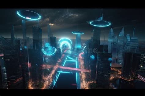 Scene Of Futuristic City With Holographic Projections And Flying Vehicles Stock Image Image