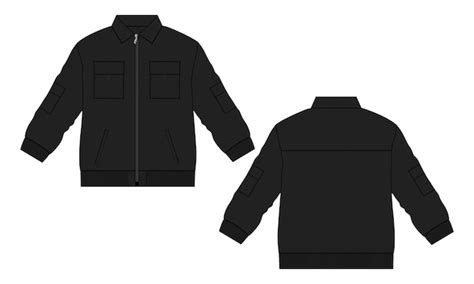 블랙 재킷 스웨트팬츠 기술 드로잉 패션 플랫 스케치 벡터 블랙 컬러 템플릿 프리미엄 벡터