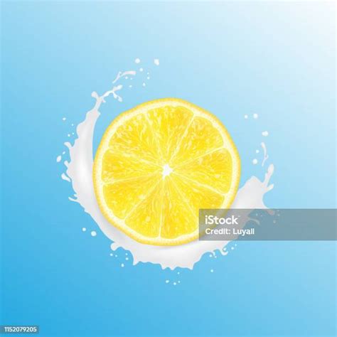 현실적인 3d 벡터 일러스트입니다 얇게 썬 레몬 밀크 주스 스플래시 화려한 감귤 배경입니다 0명에 대한 스톡 벡터 아트 및 기타