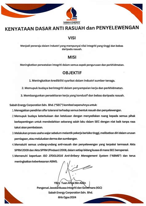 Anti Bribery And Corruption Policy Statement Sabah Energy Corporation
