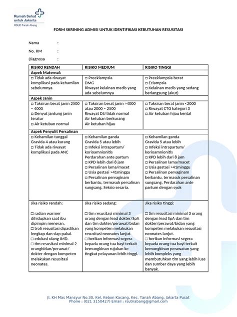 Form Skrining Admisi Utk Identifikasi Kebutuhan Resusitasi 1 Pdf