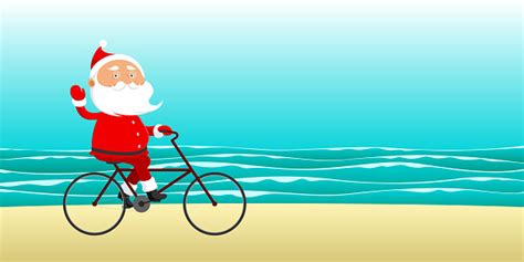 산타 클로스는 바다 해안을 따라 자전거를 타고 벡터 일러스트 레이 션 산타 클로스에 대한 스톡 벡터 아트 및 기타 이미지