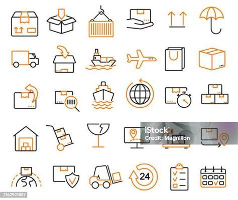 물류 및 배송 아이콘 설정 검은 색과 주황색 편집 가능한 획 벡터 일러스트 레이 션 무게에 대한 스톡 벡터 아트 및 기타 이미지 무게 수송 용기 제작물 Istock