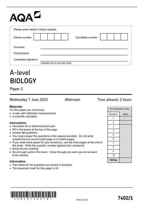 Aqa A Level Biology Paper 1 Question Paper June 2023 Aqa A Level Biology Paper 1 Question