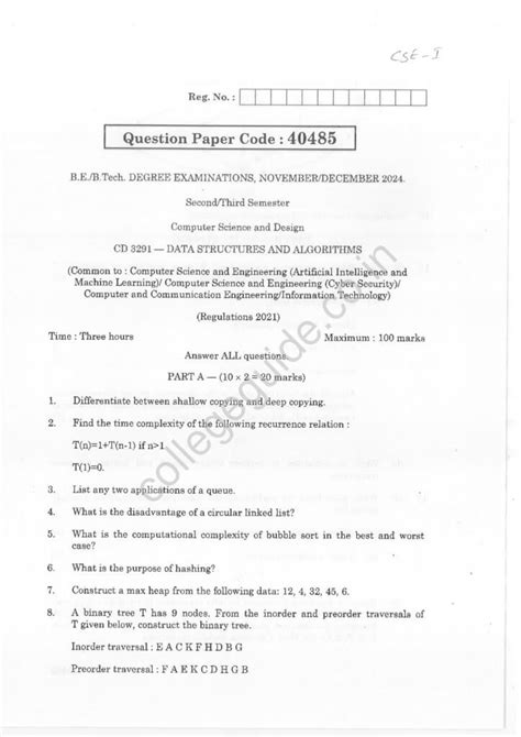 Cd3291 Data Structures And Algorithms R2021 Anna University Question Paper Novemberdecember