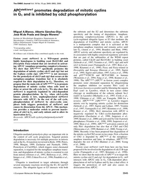 Pdf Apc Promotes Degradation Of Mitotic Cyclins In G1 And Is