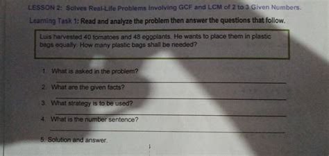 Solved Lesson 2 Solves Real Life Problems Involving Gcf And Lcm Of 2 To 3 Given Numbers