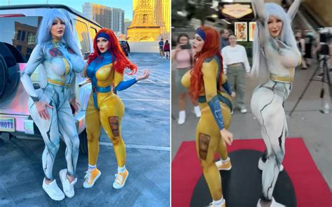 Две пышнотелые модели прошли про улицам Лас Вегаса в нарисованных костюмах персонажей из Людей