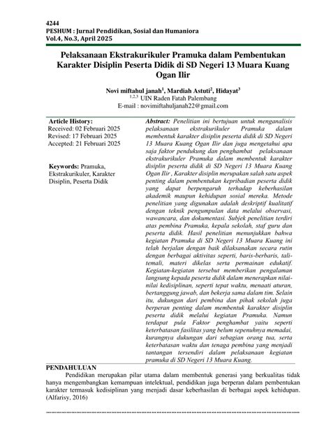 Pdf Pelaksanaan Ekstrakurikuler Pramuka Dalam Pembentukan Karakter Disiplin Peserta Didik Di